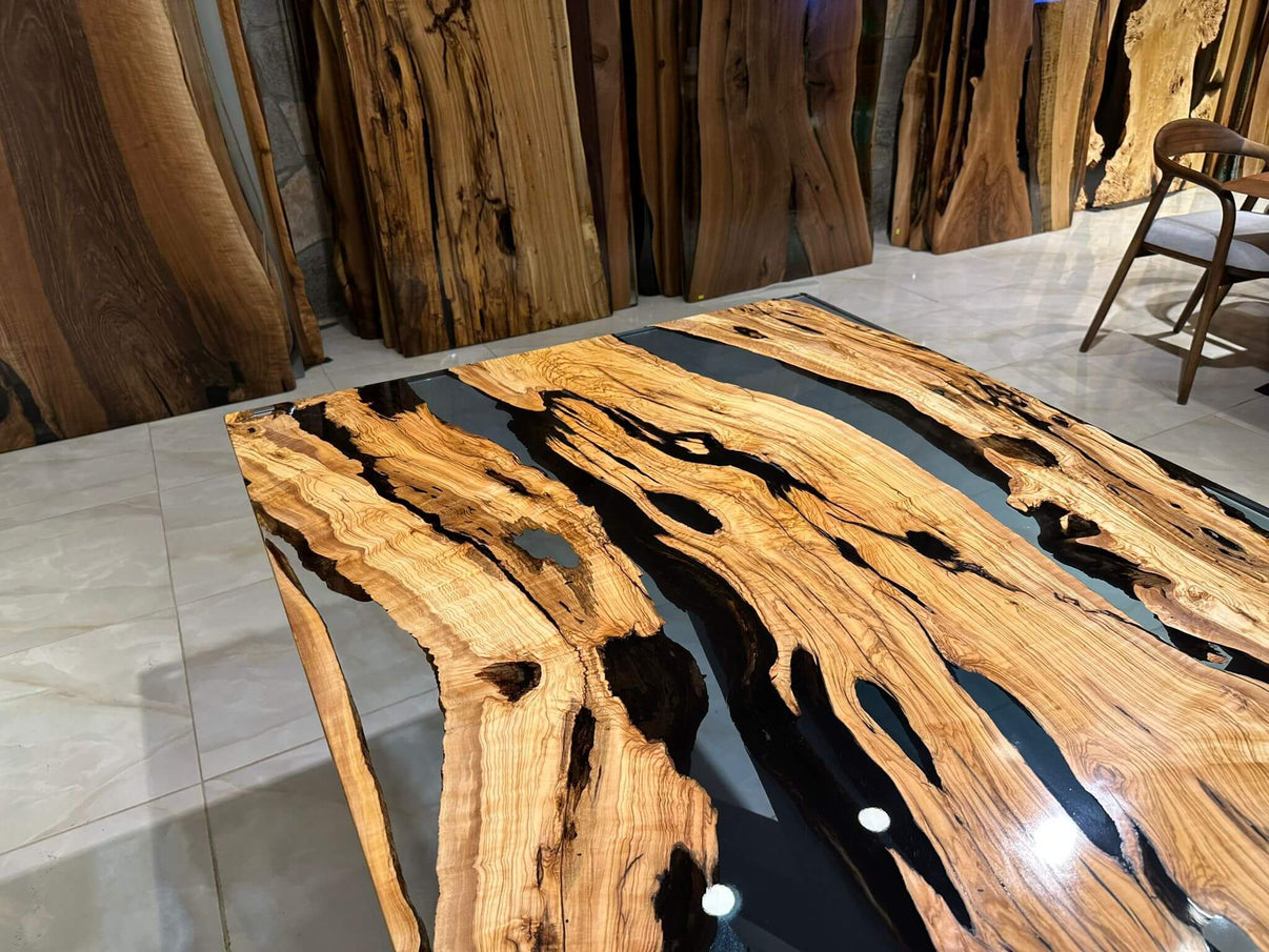 Custom Blue Epoxy Resin Olive Wood Dining Table - Gul Natural